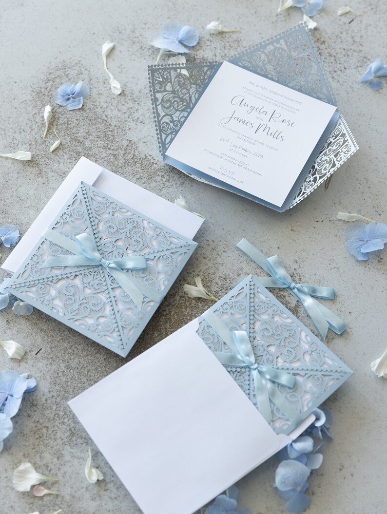 Blue Square Wedding Inviation Cards Laser Cut Floral Lace and Blue ...