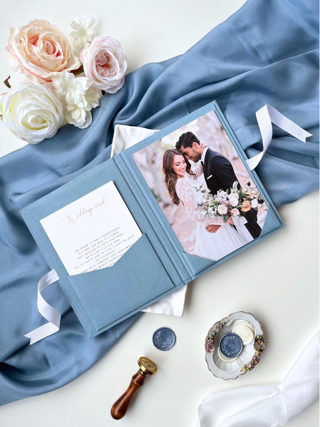 Linen Matted Folio - Dusty Blue, Foil Stamped With Monogram, Wedding Photo Folio, Keepsake - Etsy