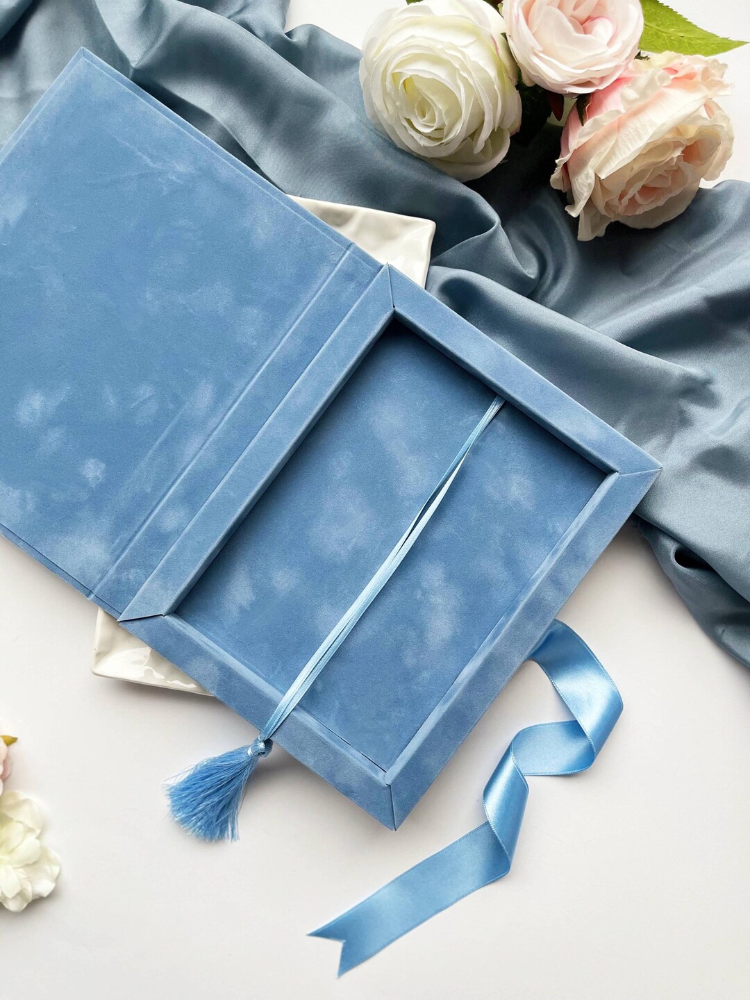 Dusty Blue Velvet Box for 5x7" Wedding Invitations With Tassel ...
