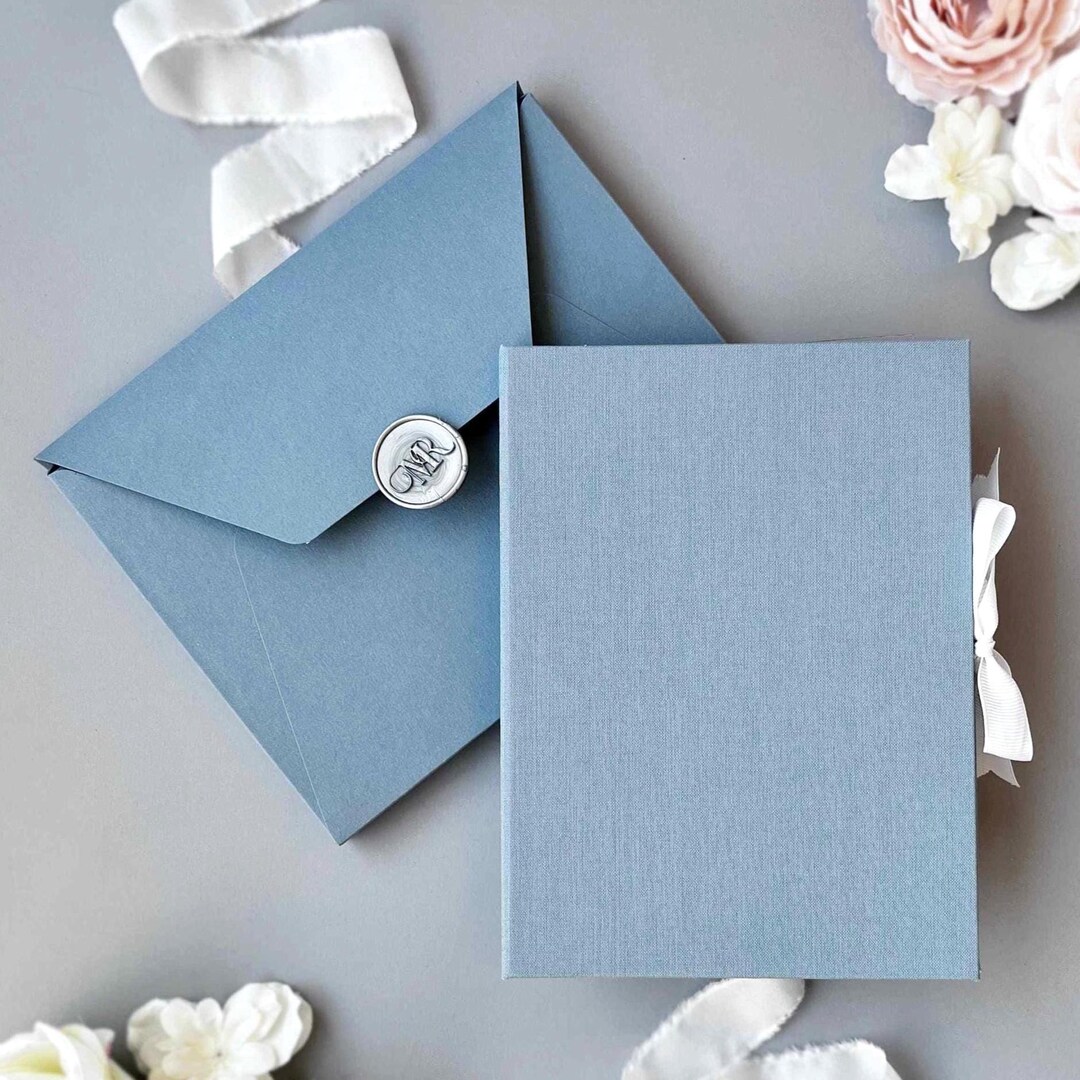 Linen Wedding Invitation Folio - Dusty Blue, Custom Foil Stamped With ...