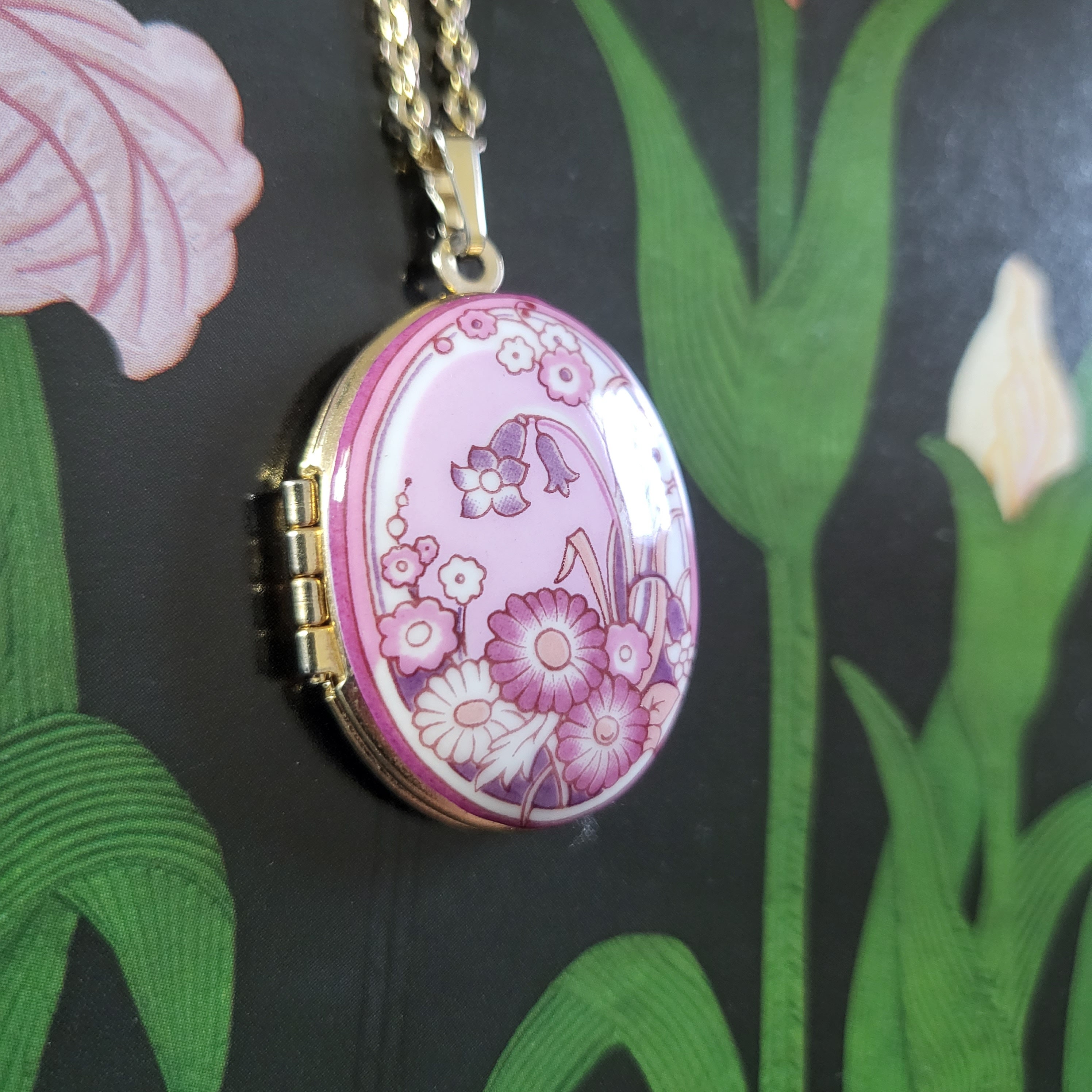 Necklace Michaela Frey Pink Flowers Enamel Locket Pendant - Etsy