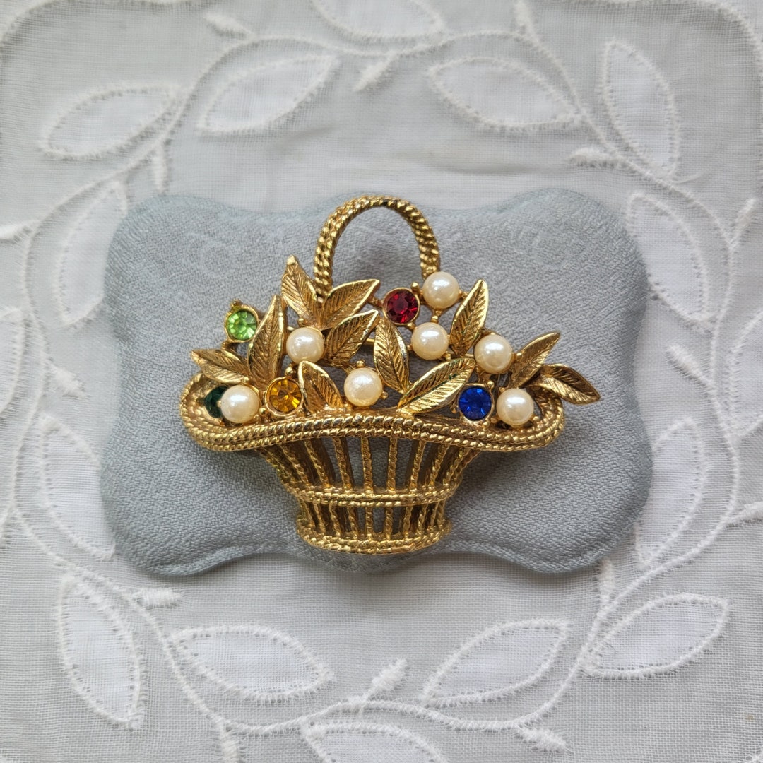 Brooch - Ciro Multicoloured Crystals and Pearls Flower Basket Brooch - Etsy