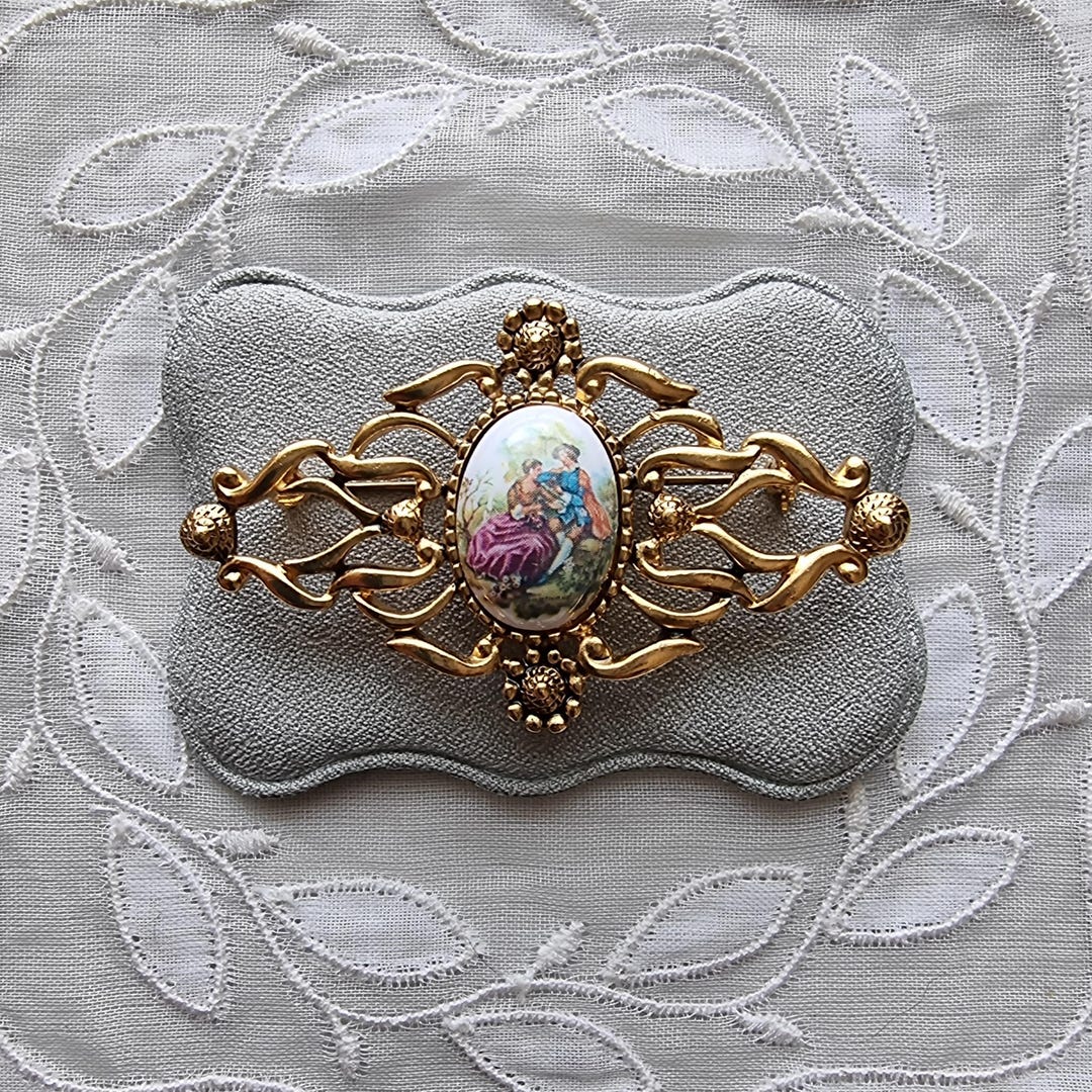 Brooch - Gold Ornate Frame Oval Painting Cabochon Brooch - Etsy