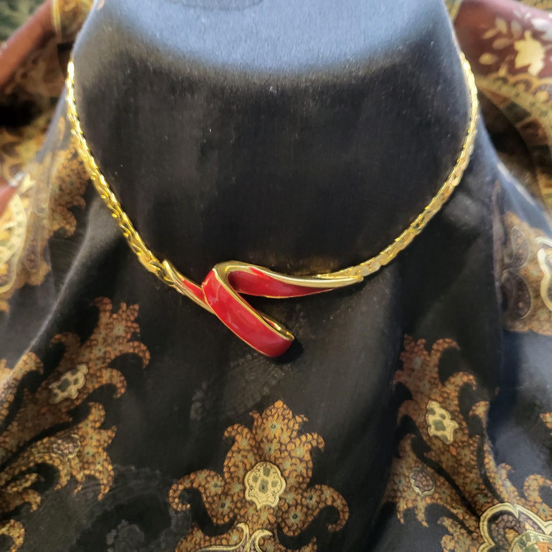 Necklace - Red Enamel Ribbon Chain Necklace - Etsy