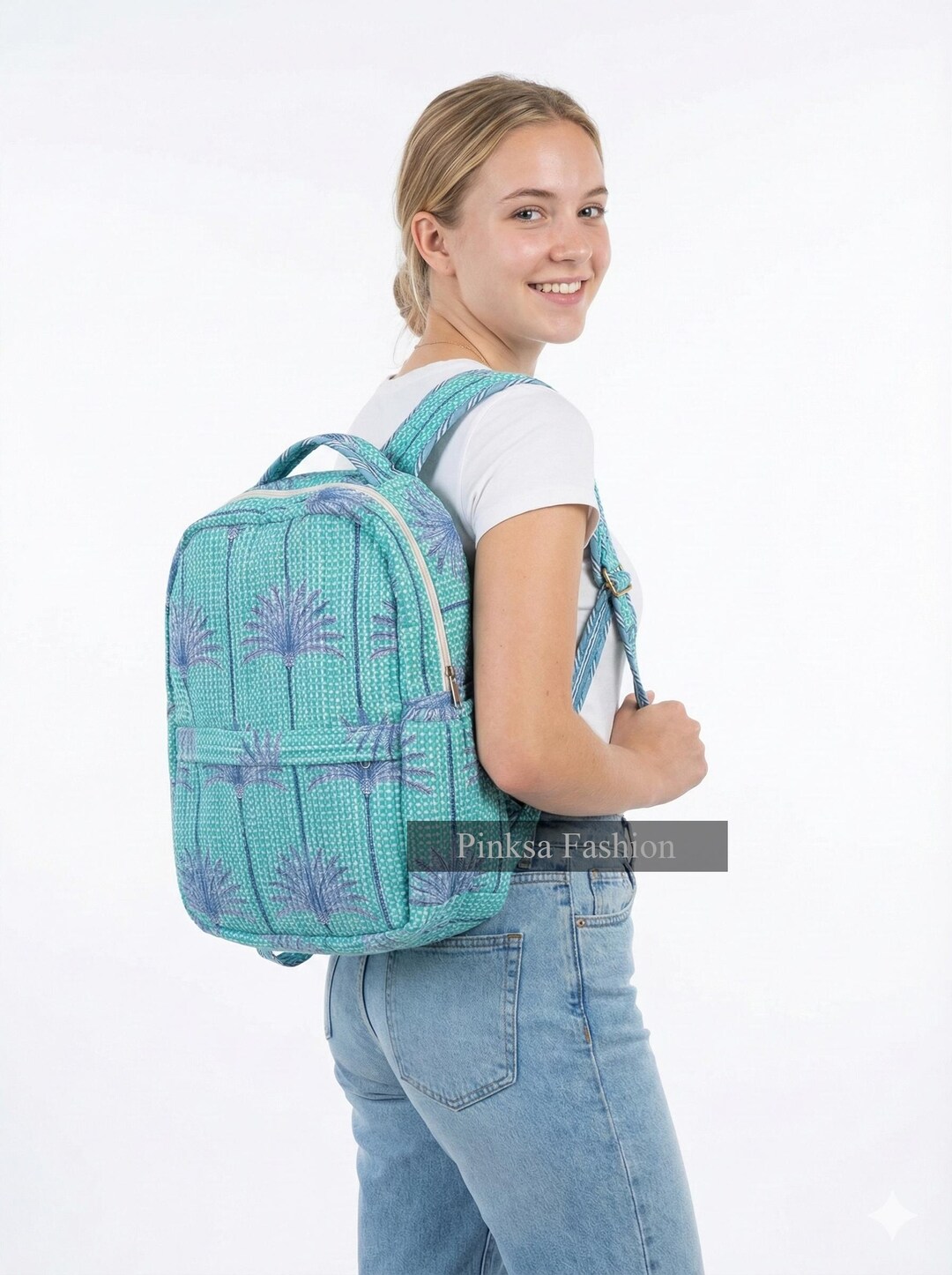 Teal Palm Tree Quilted Backpack Indian Cotton Rucksack Boho Women's ...