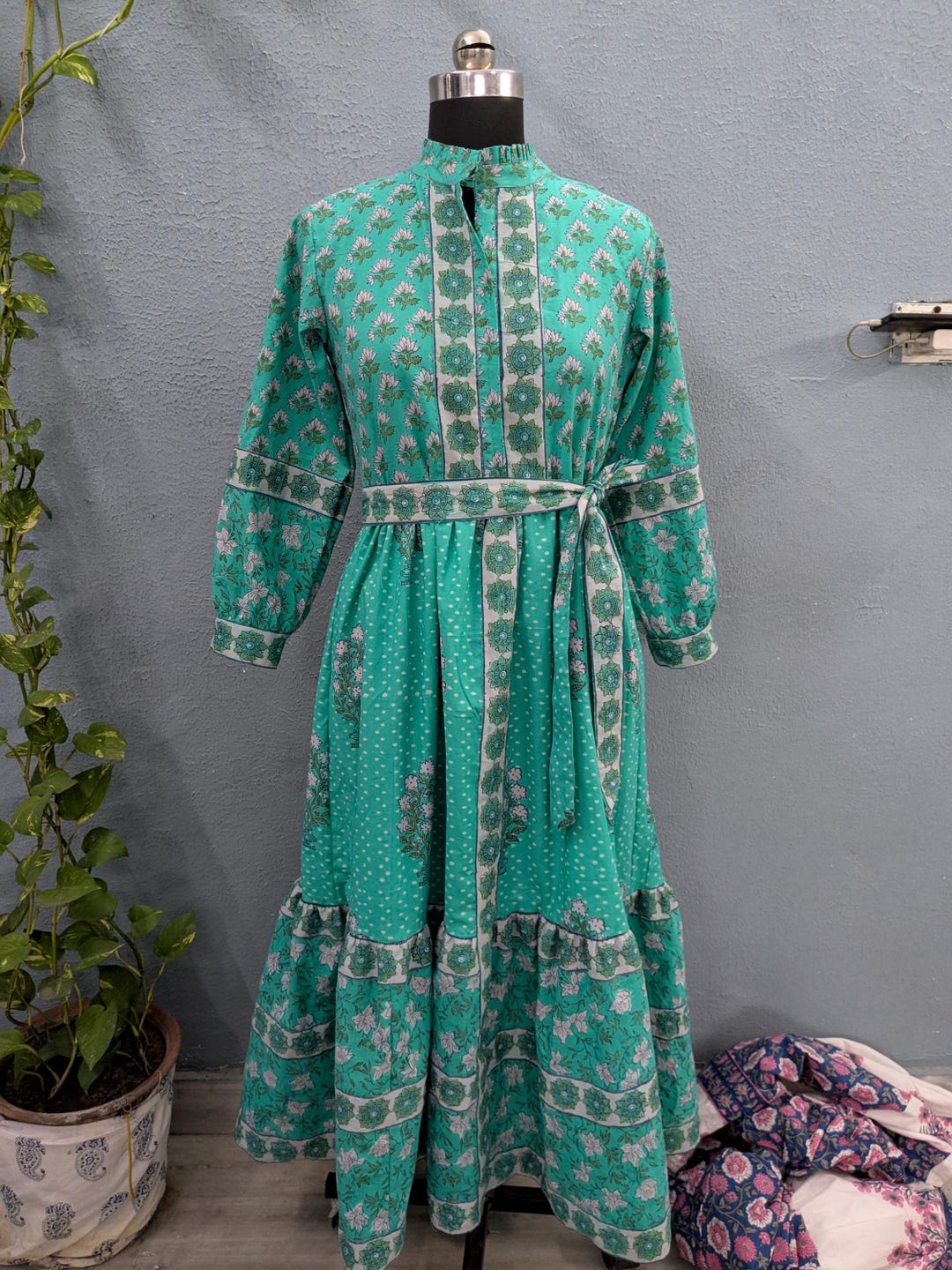 Hand Block Print Organic Cotton Maxi Dress | Bohemian Long Sleeve - Etsy