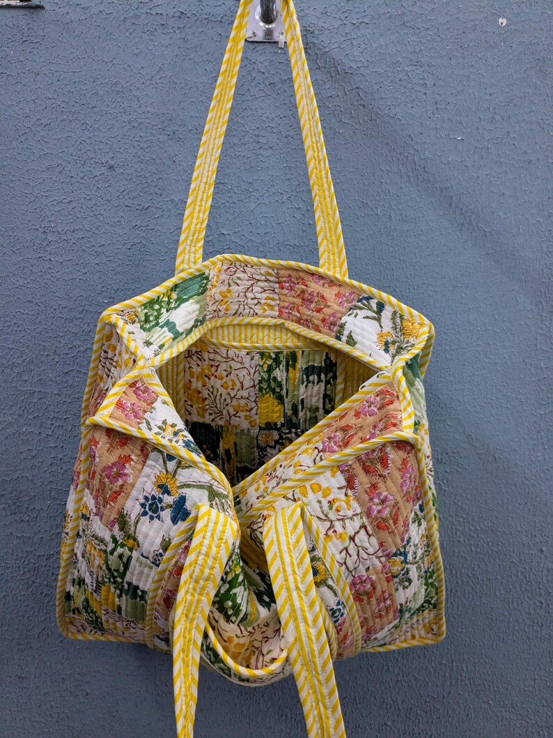 Sac en coton imprimé bloc fait main, sac matelassé patchwork, fourre-tout Grand sac de voyage ...