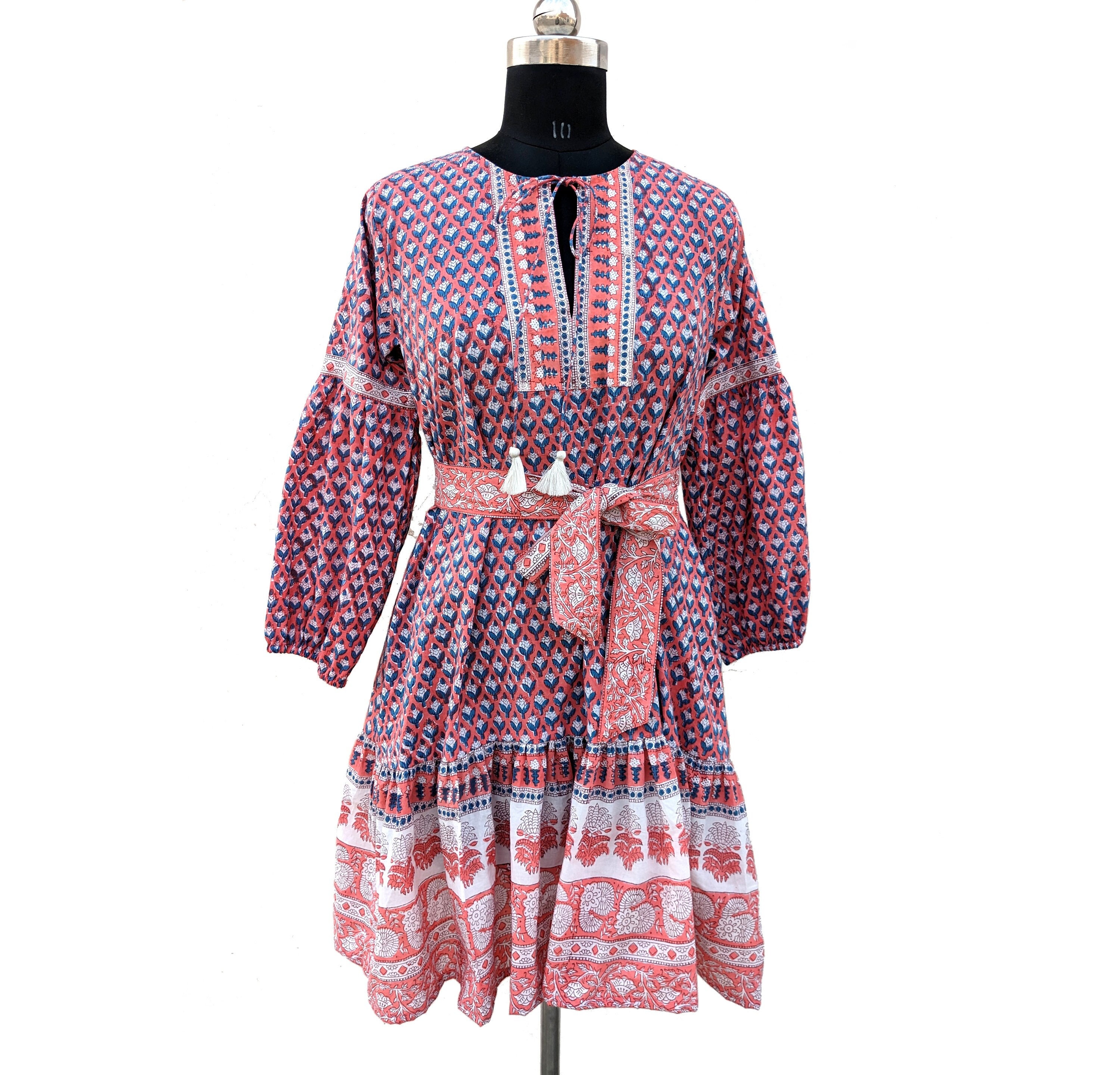 Hand Block Printed Dress Summer Midi Dress Cotton Floral Dress Border ...