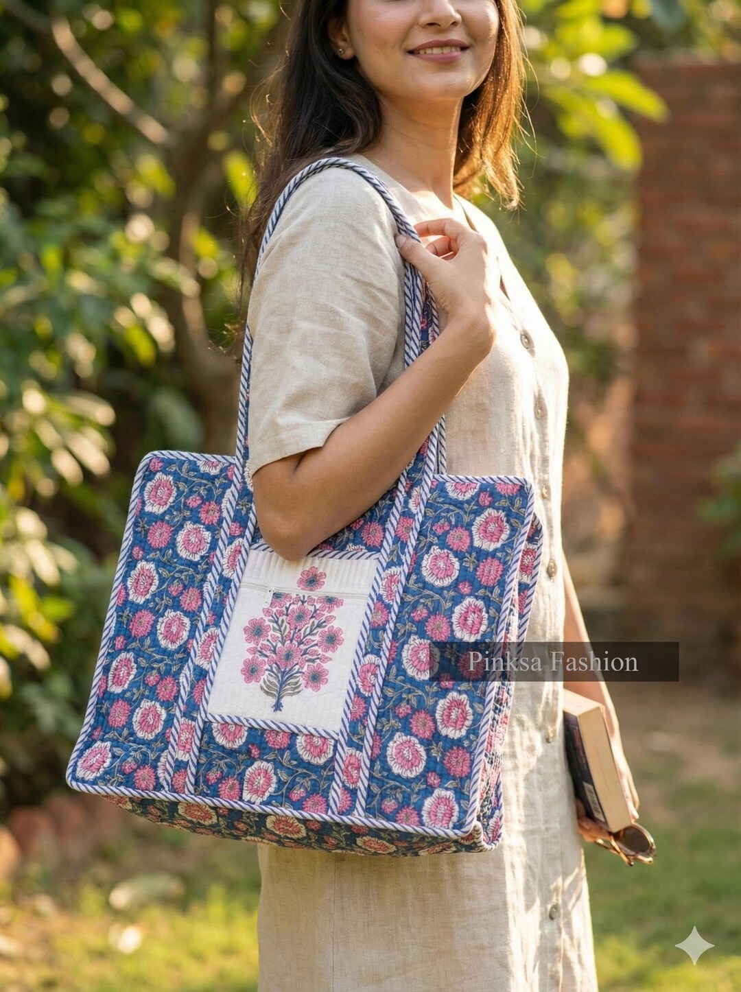 Large Quilted Tote Bag in Sage, Indigo & Rose | Floral Block Print ...