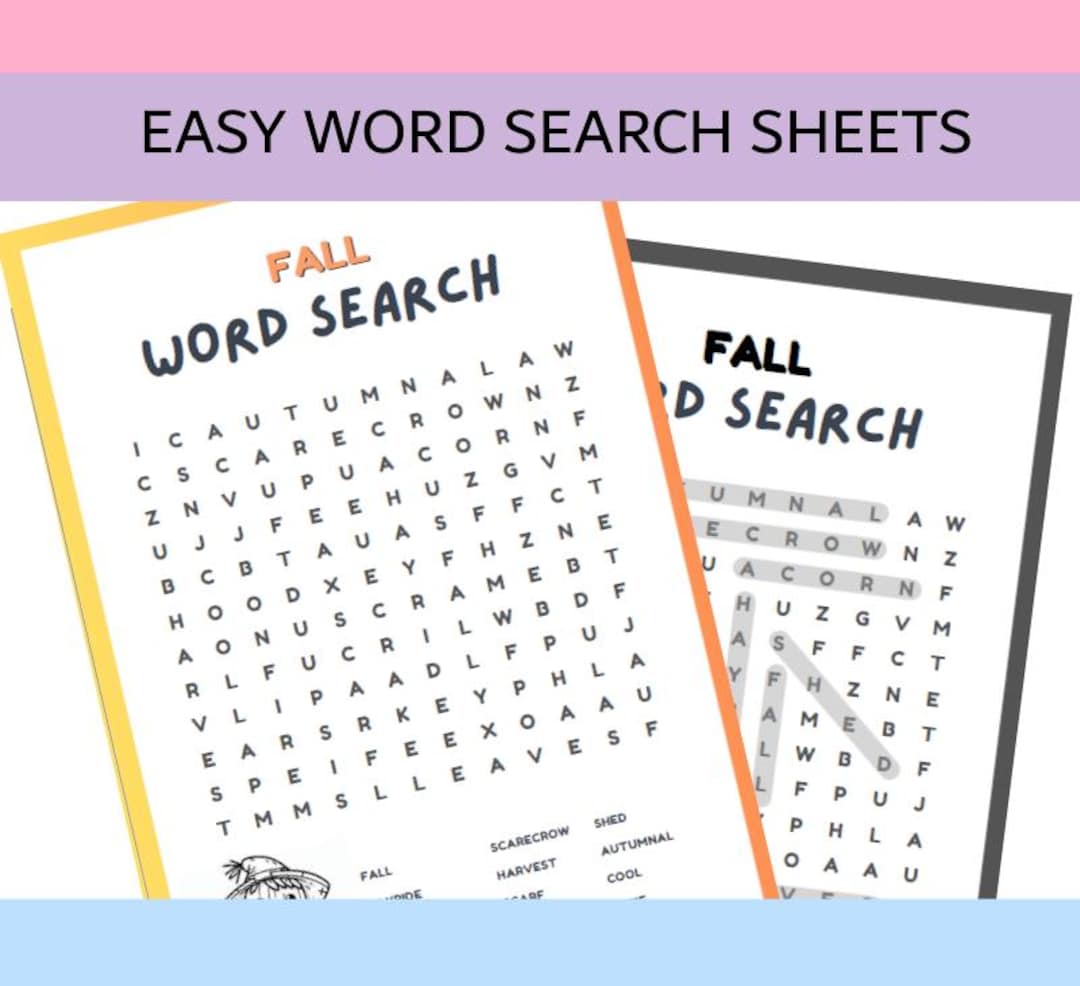 Fall Easy Word Search Sheet for Kids printable Puzzle Instant Digital ...