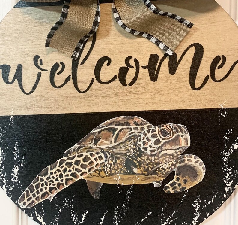 12 Inch Wood Door Hanger Sea Turtle Welcome Sign Wood Stain and Black ...