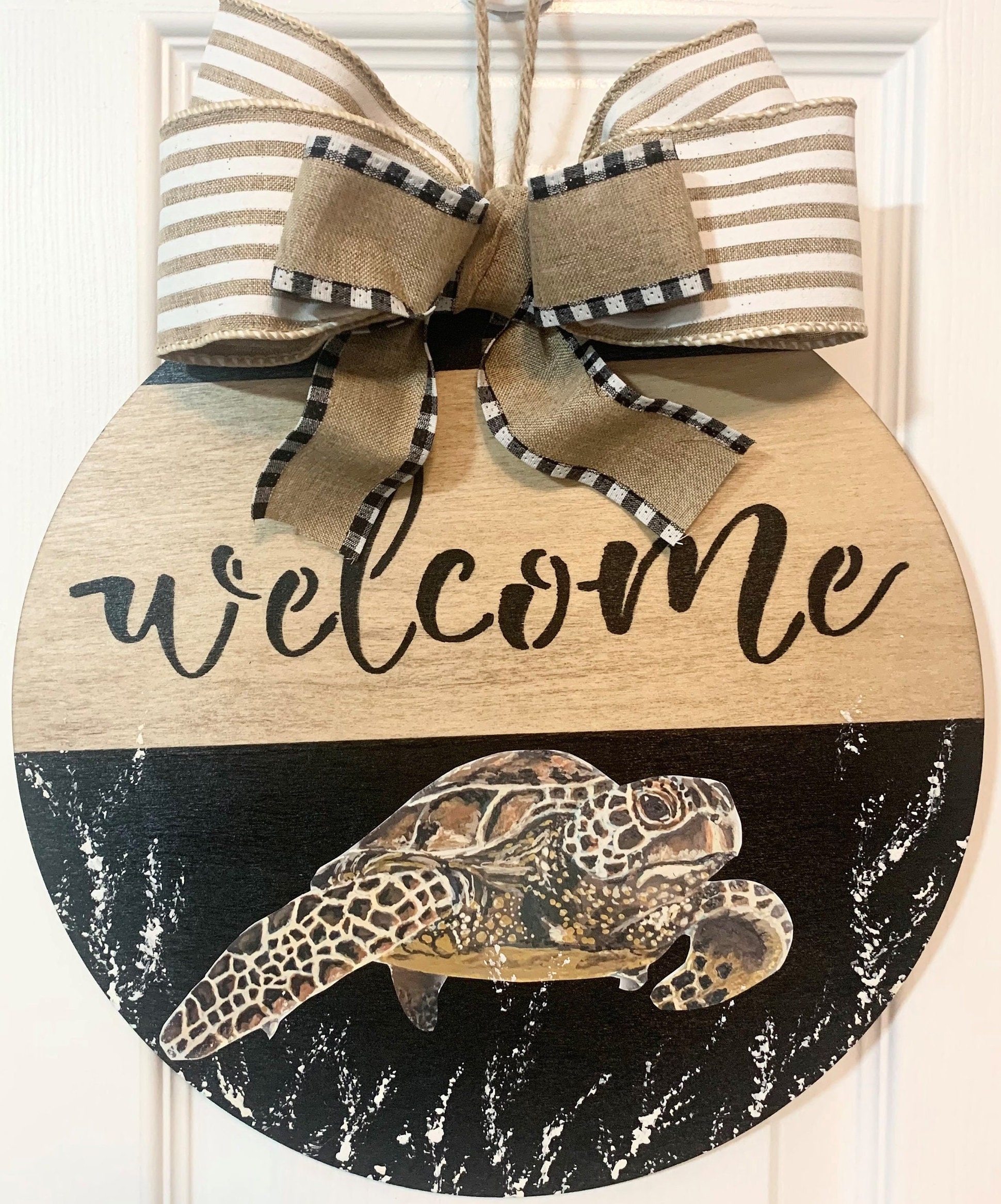 12 Inch Wood Door Hanger Sea Turtle Welcome Sign Wood Stain and Black ...