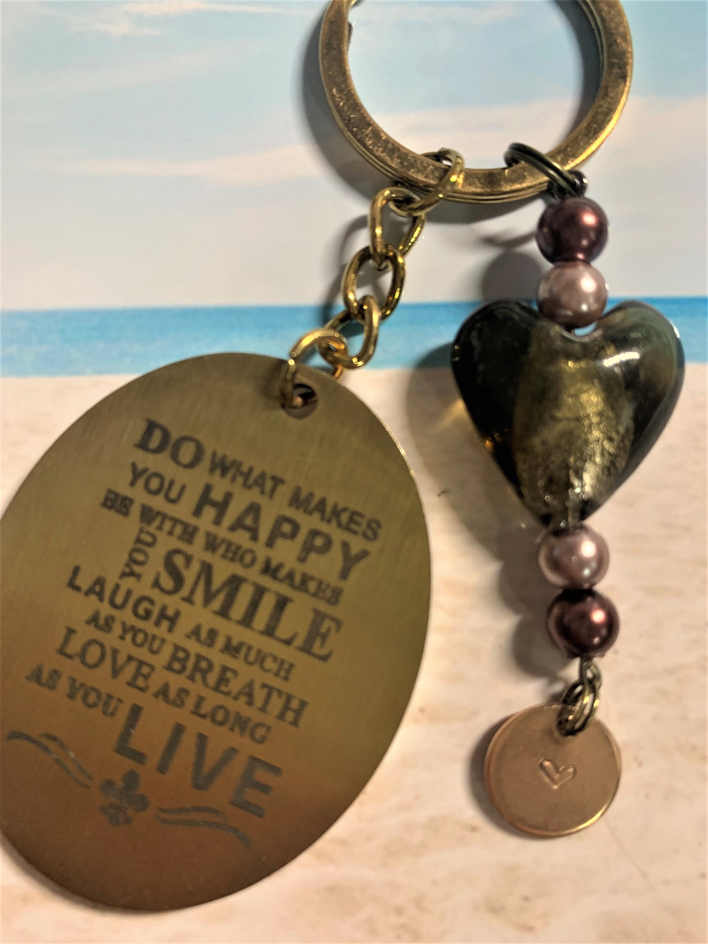 Inspirational Keychain Brass Hand Stamped Heart Glass Heart and Round ...