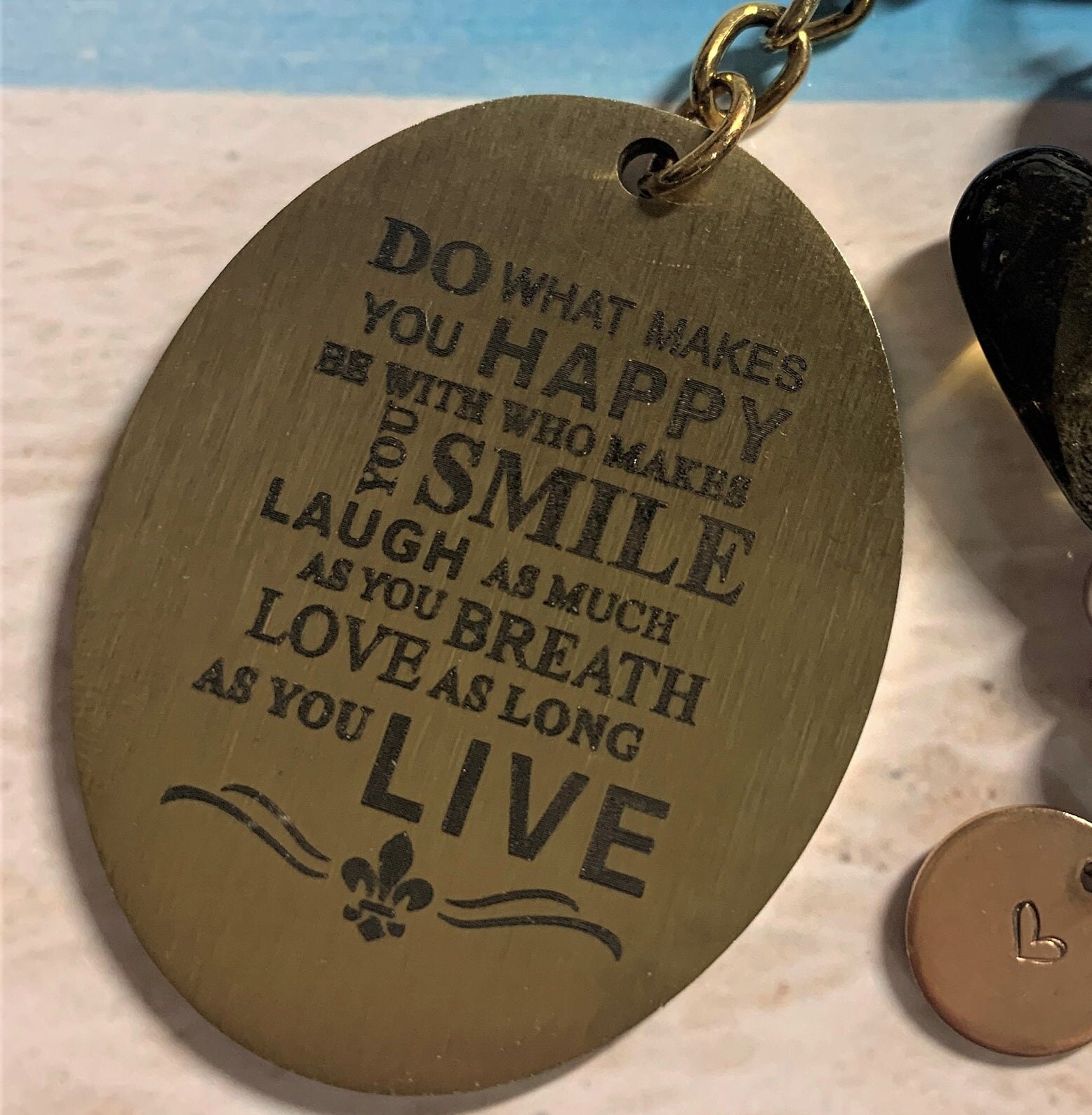 Inspirational Keychain Brass Hand Stamped Heart Glass Heart and Round ...