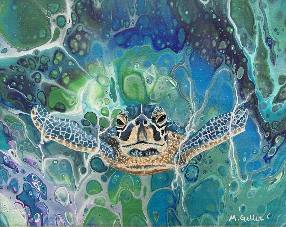 Sea Turtle Acrylic Painting - 8"x10" Original - Framed - Blue Green ...