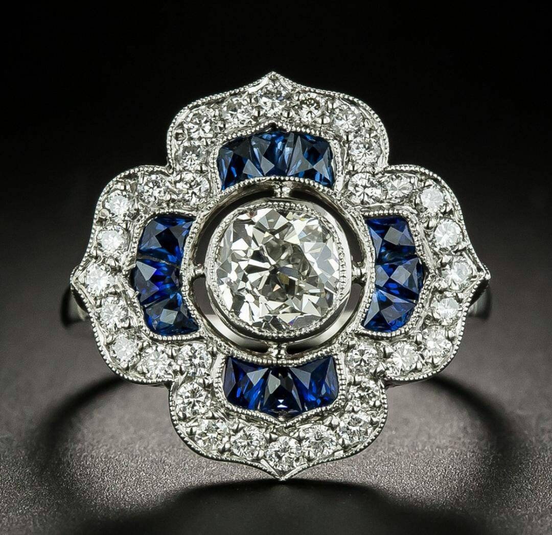 Antique Victorian Blue Sapphire and American Diamond Ring/ Zircon Blue ...