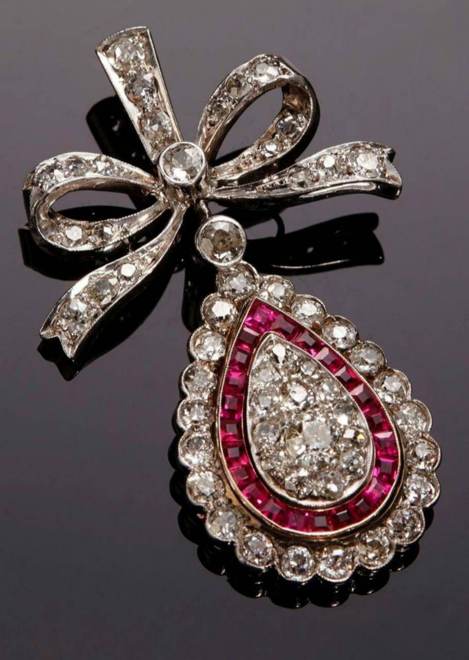 Antique Victorian Rose Cut Diamond and Ruby Bow Pendant, 92.5% Sterling ...