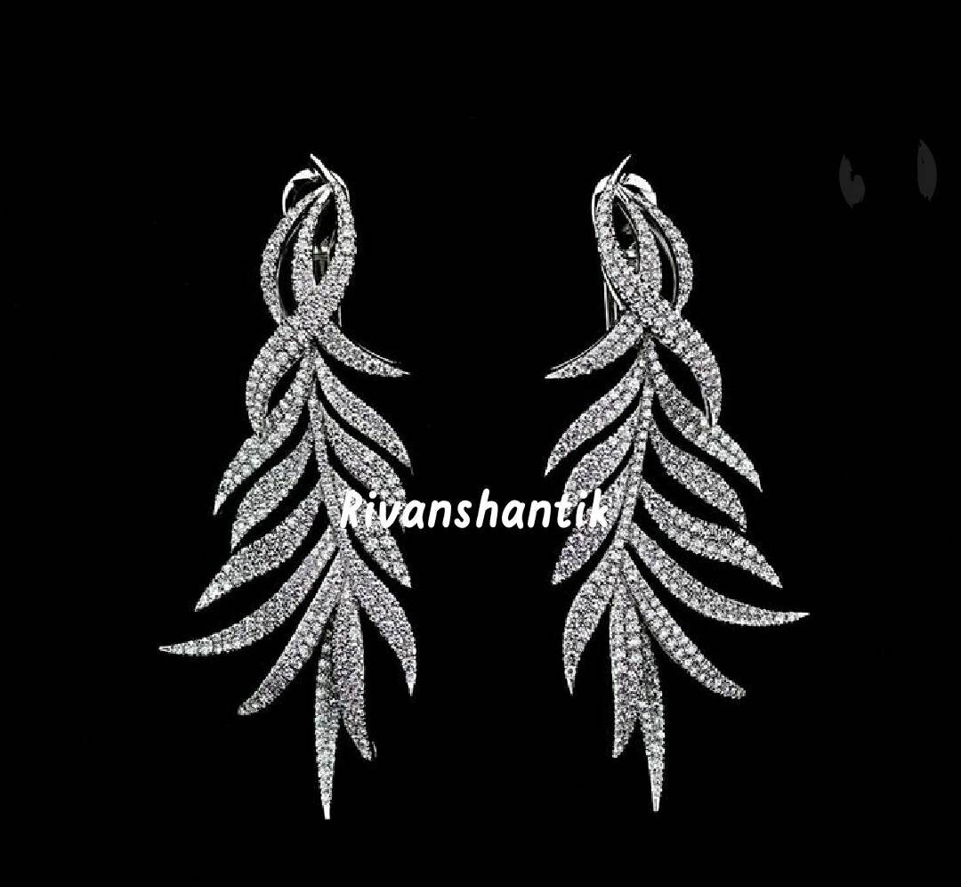 Dramatic American Diamond Leaf Handmade Earrings/sterling Silver Zircon ...