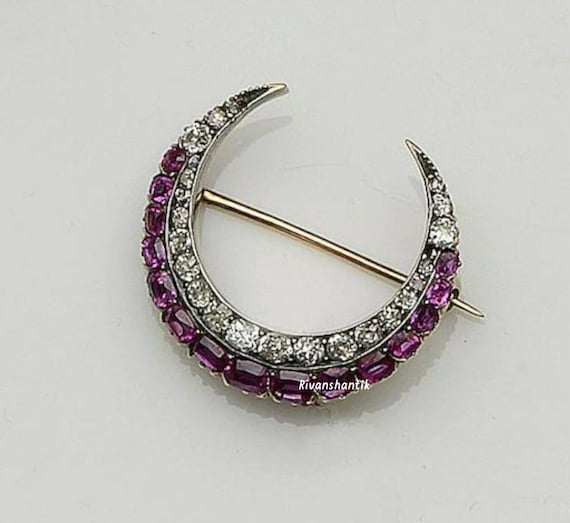 Crescent Half Moon Ruby and Rose Cut Diamonds Brooch / Silver - Etsy