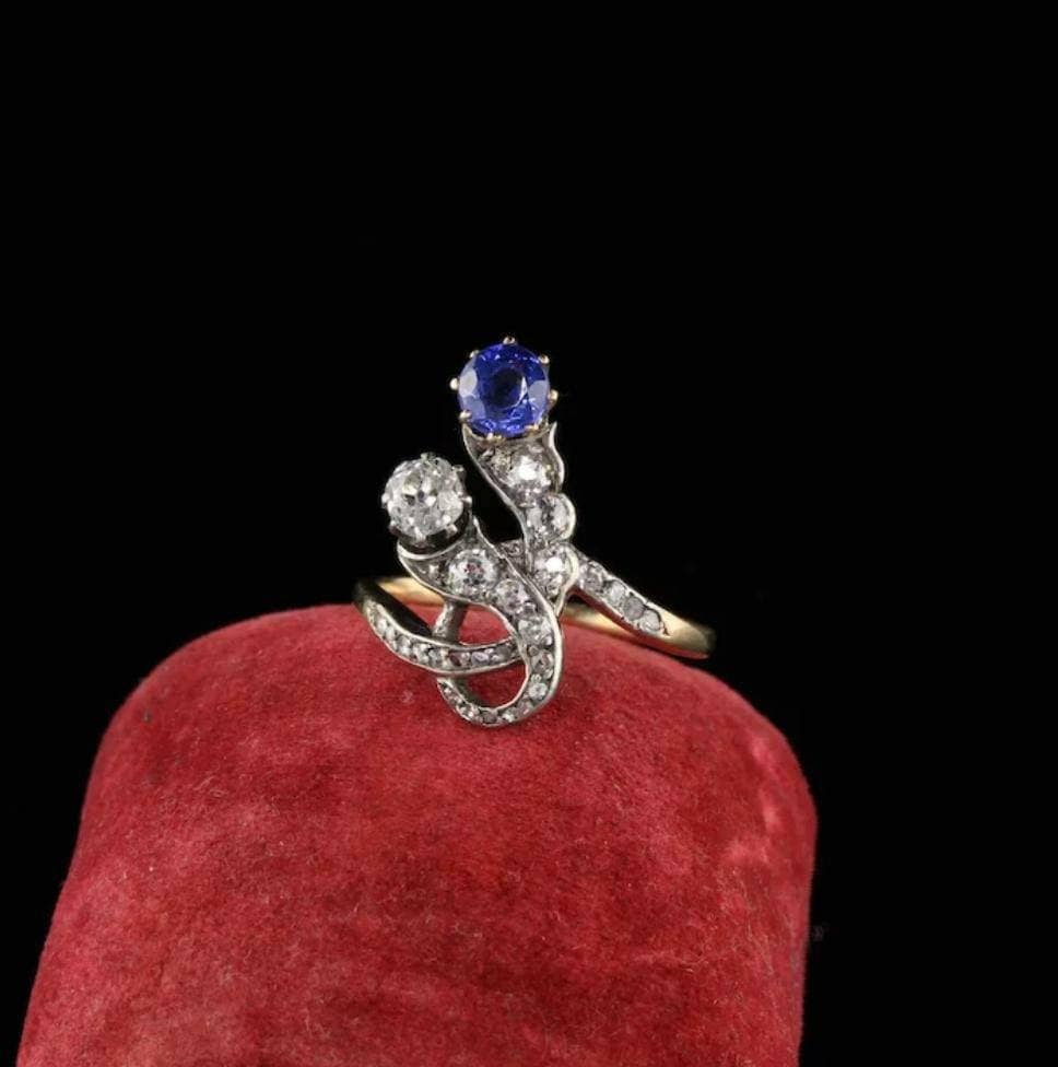 Antique Victorian Blue Sapphire and American Diamond Ring Handmade Ring ...