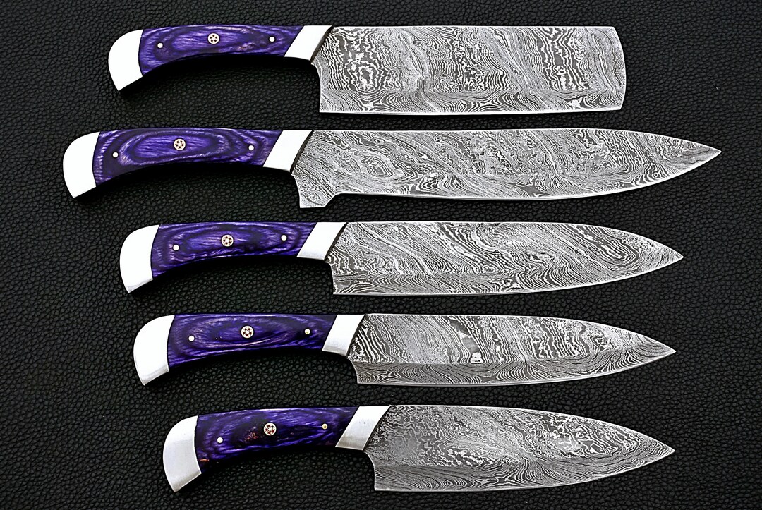 Handmade Unique Chef Set, Damascus Steel Knives, Fixed Blade Knives ...
