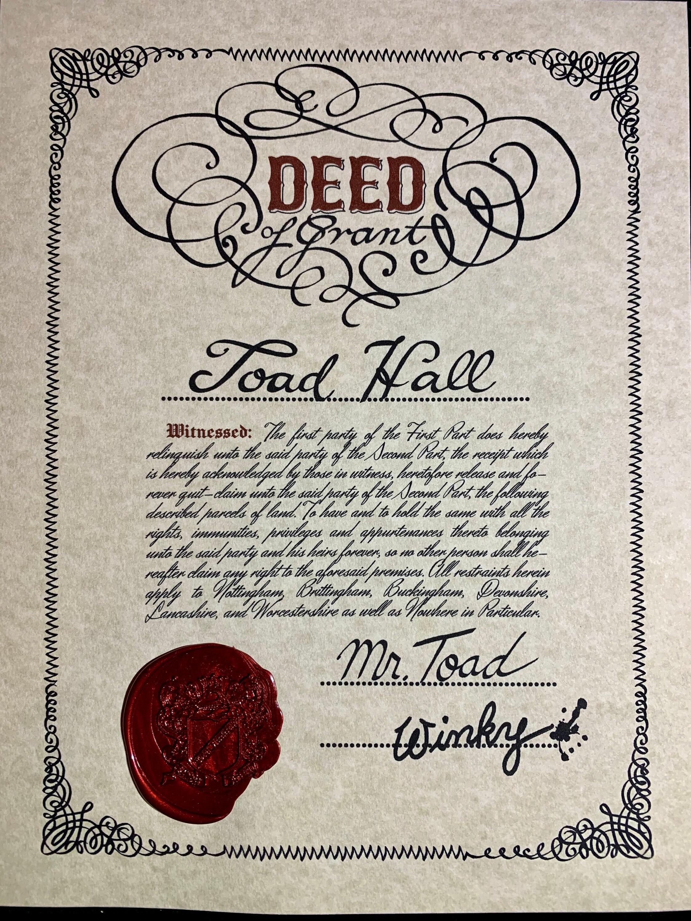 Toad Hall Deed Certificate Mr. Toad's Wild Ride - Etsy Canada