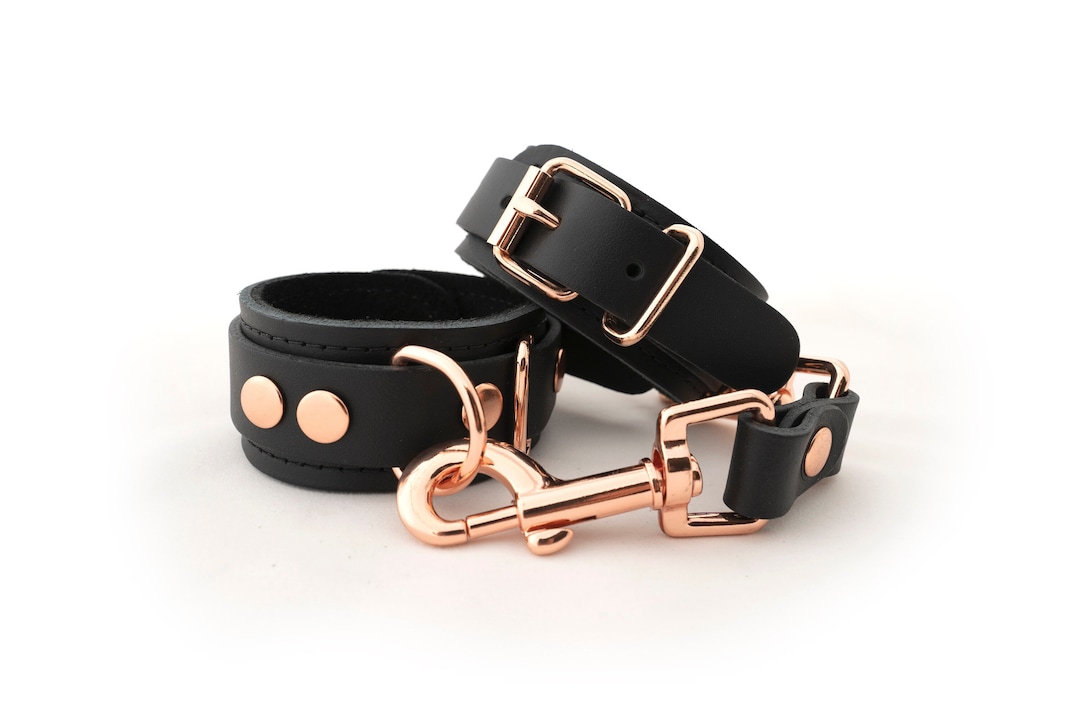 Leather Cuffs With Rose Gold Hardware, Black Handcuffs or Ankle Cuffs ...