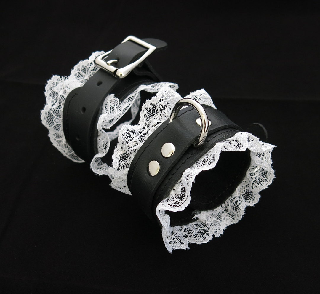 Leather BDSM Cuffs: White Lace, Suede Lining, French Maid Costume - Etsy