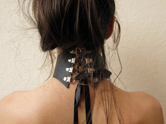 Posture Collar BDSM Choker in Leather With Black Satin - Etsy Ireland