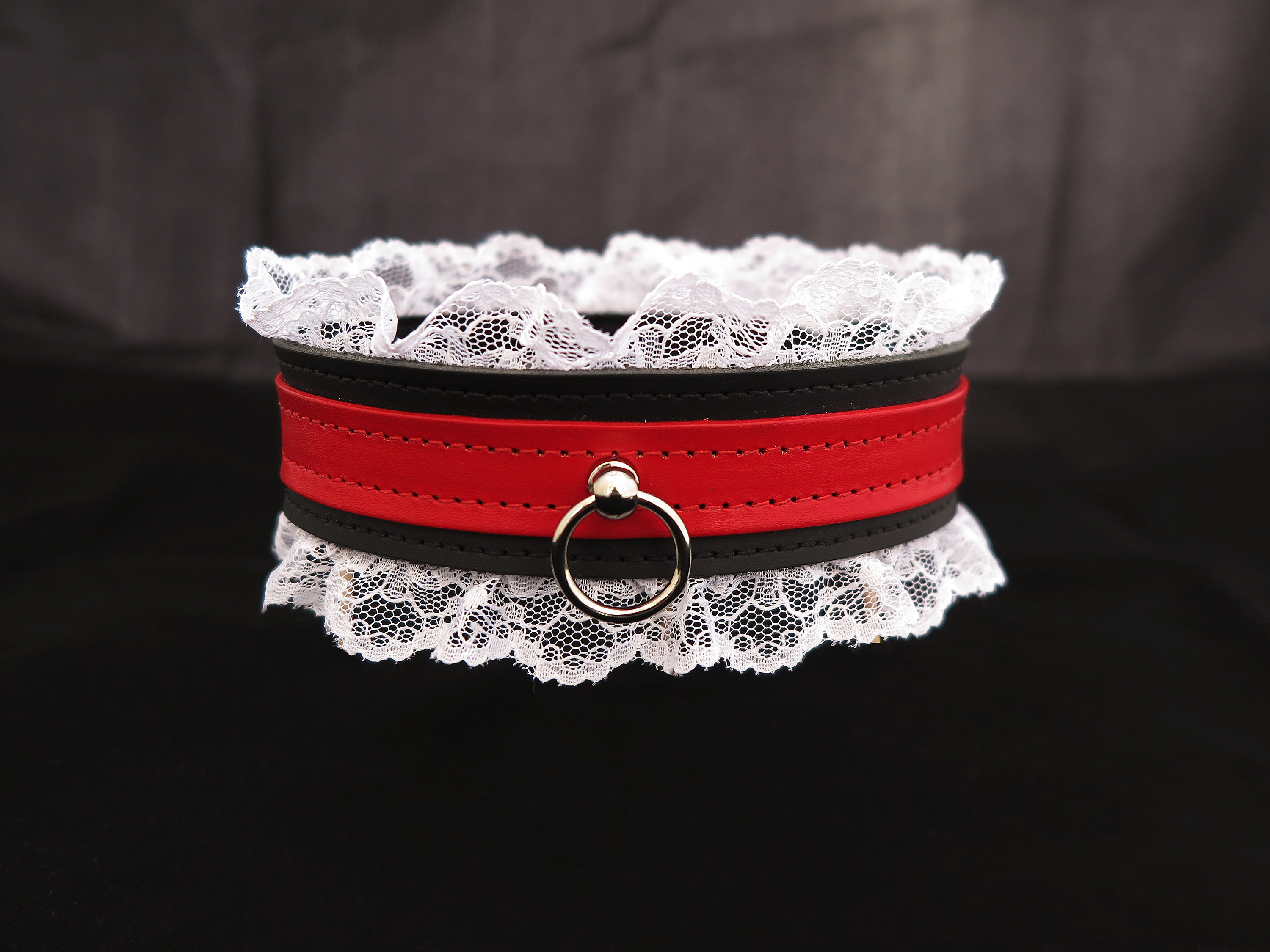 Red BDSM Collar With White Lace Premium Leather Bondage Gear | Etsy
