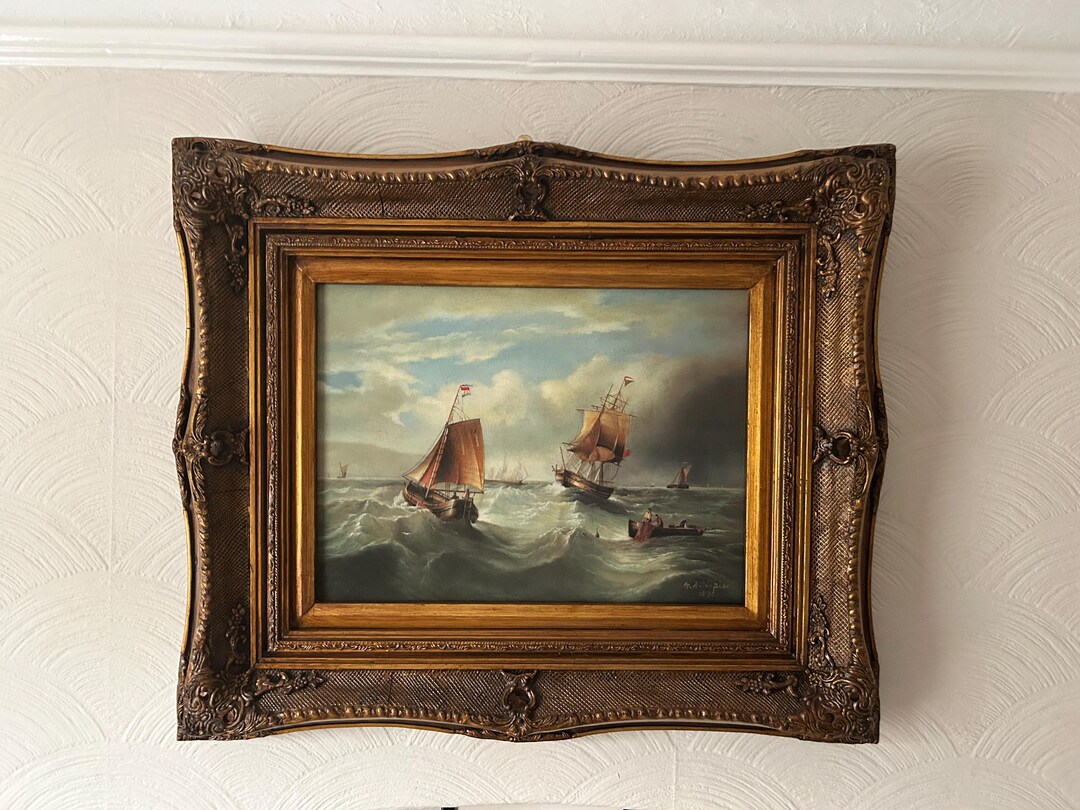 George Alexander Napier (after) Victorian Oleograph on Canvas of Ships ...