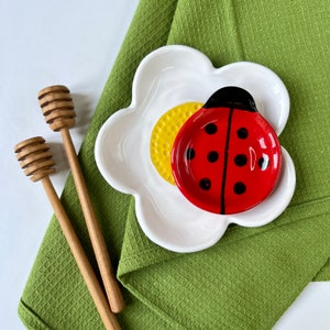 Ladybug & Daisy Set of Spoon Rest, Ceramic Tea Bag Holder, Flower ...