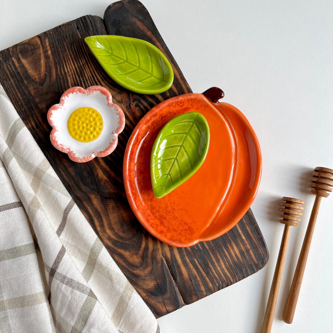 Peach Spoon Rest & Leaf Dish, Flower Small Plate, Handmade Ceramic ...