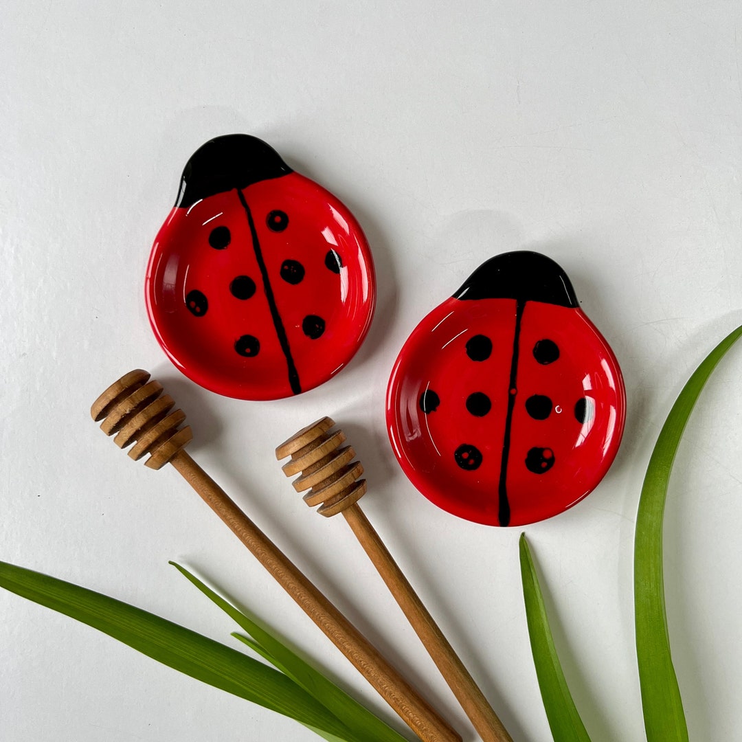 Spoon Rest Set of 2 Ladybug Mini Plates, Handmade Ceramic Cute Spoon ...