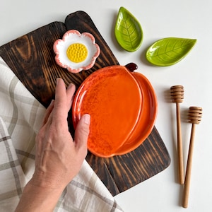 Peach Spoon Rest & Leaf Dish, Flower Small Plate, Handmade Ceramic ...