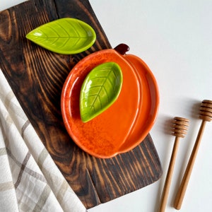 Peach Spoon Rest & Leaf Dish, Flower Small Plate, Handmade Ceramic ...