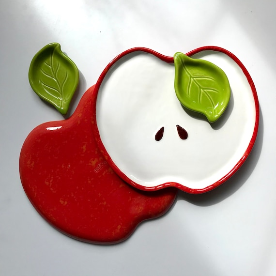 Apple ceramic platter. Serving set of 2 plates apple & leaf. | Etsy