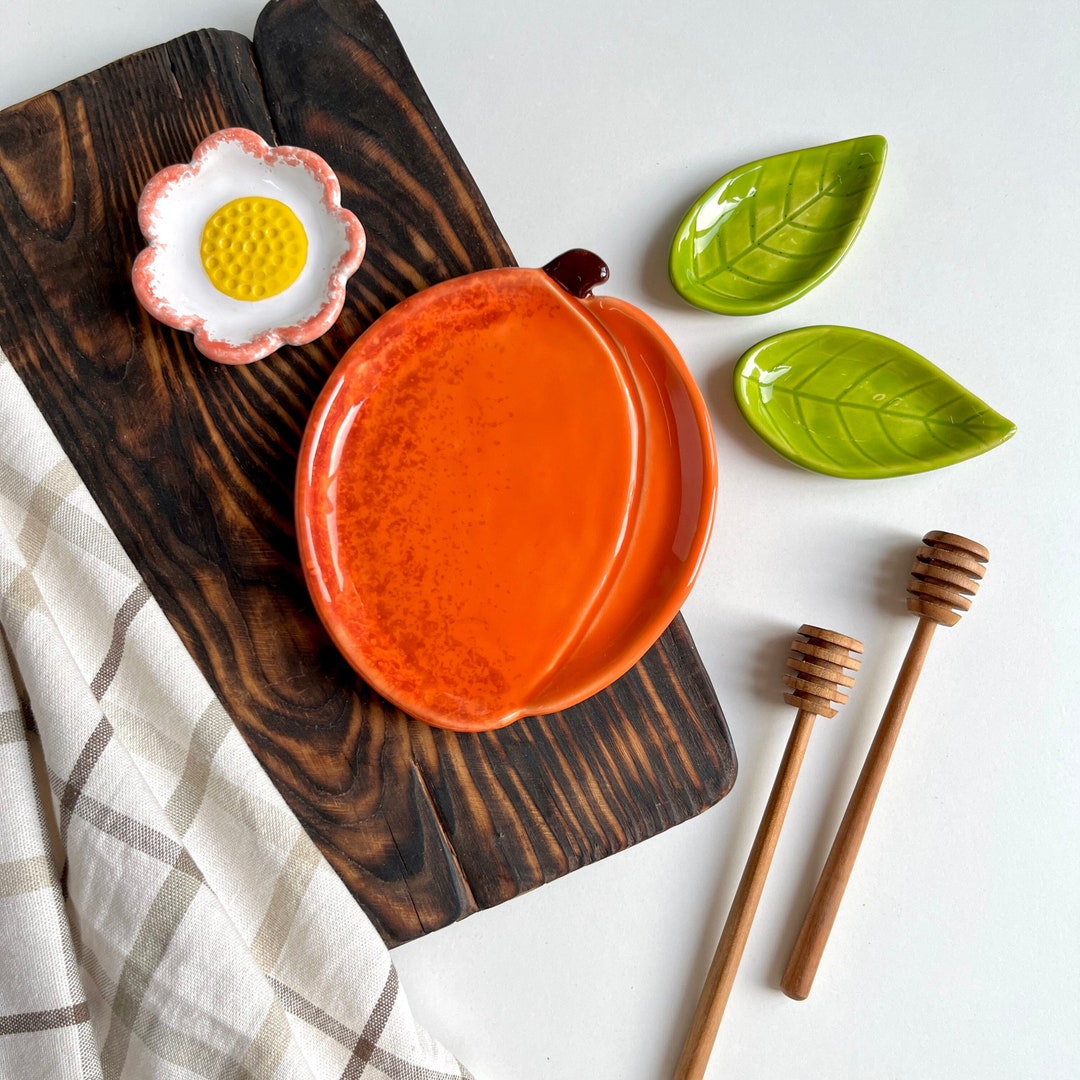 Peach Plate & Leaf Dish, Flower Dish, Handmade Ceramic Spoon Holder ...