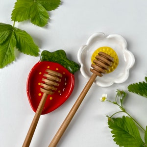 Set of Strawberry & Daisy Spoon Rest, Handmade Ceramic Tea Spoon Holder ...