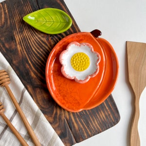 Peach Spoon Rest & Leaf Dish, Flower Small Plate, Handmade Ceramic ...