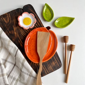 Peach Spoon Rest & Leaf Dish, Flower Small Plate, Handmade Ceramic ...