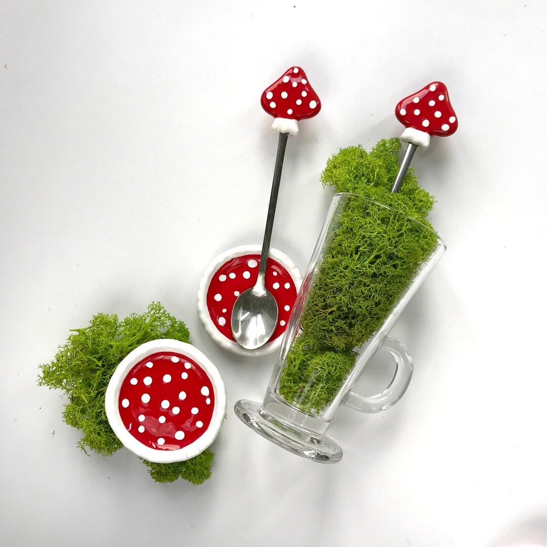 Amanita Mushroom Set of Tea Spoon & Tea Bag Rest, Ceramic Kitchen ...