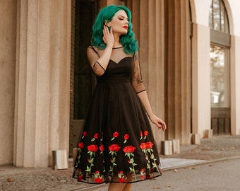 Black MIDI Maxi Dress With Rose Embroidery, Gothic Long Sleeved Black ...
