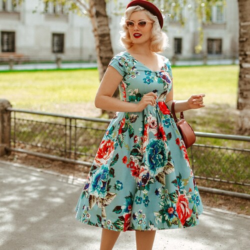 Navy Blue Floral & Rose Print Short-sleeved Retro Swing Dress - Etsy