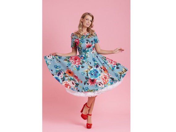 Darlene Blue Floral Swing Dress | Etsy