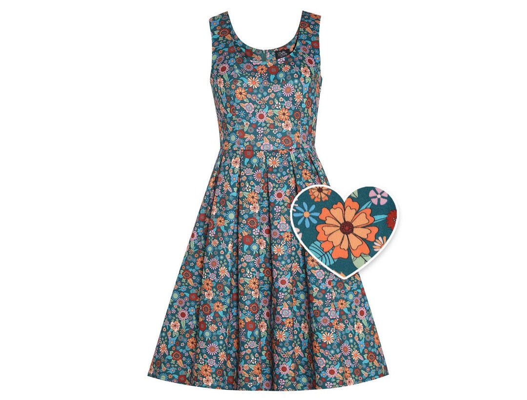 Amanda 70s Floral Swing Dress in Peacock Blue - Etsy
