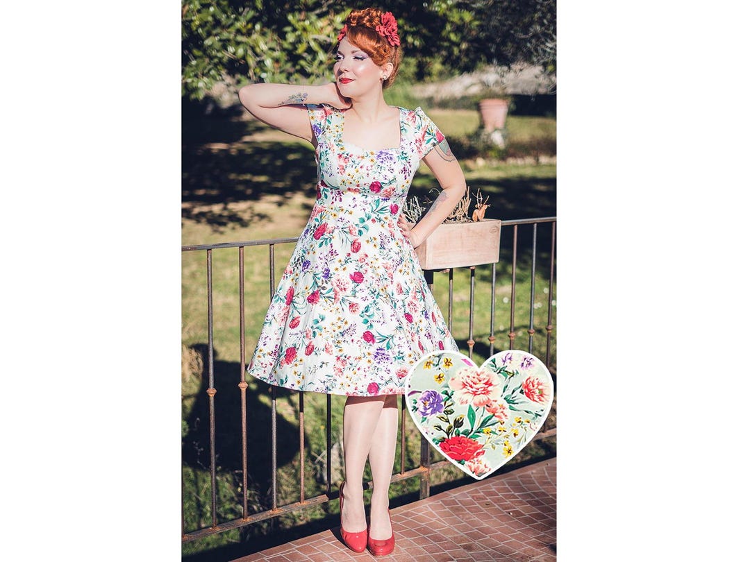 Claudia Flirty Fifties Swing Floral Dress in Green - Etsy