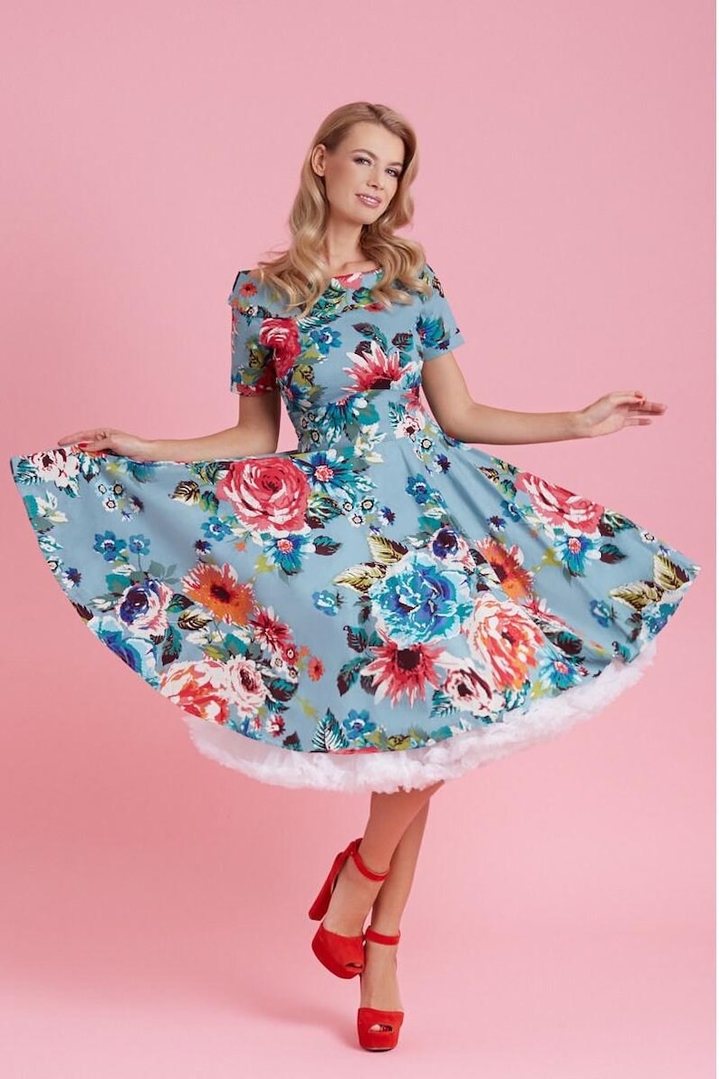 Darlene Blue Floral Swing Dress - Etsy