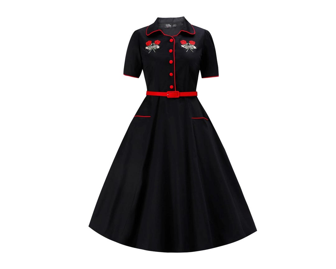 Mabel Rockabilly Shirt Dress With Rose Embroidery - Etsy