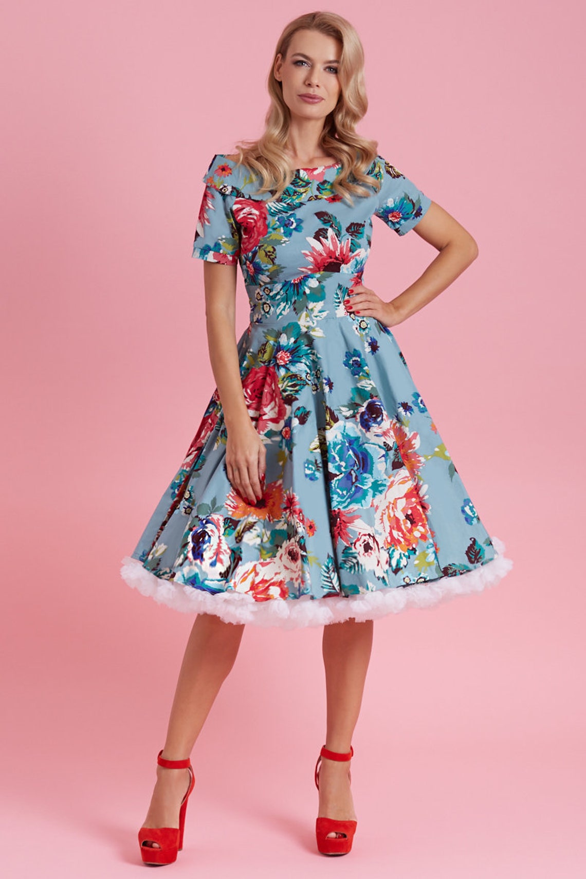 Darlene Blue Floral Swing Dress - Etsy